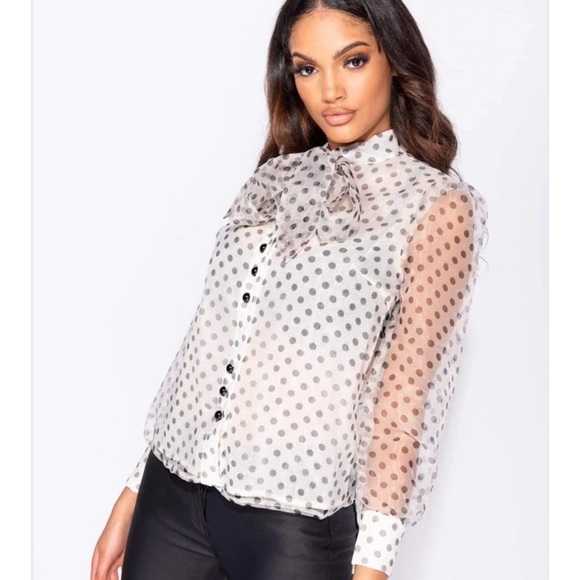 Tops | Black And White Polka Dot Bow Button Up Front Long Sleeve Sheer ...